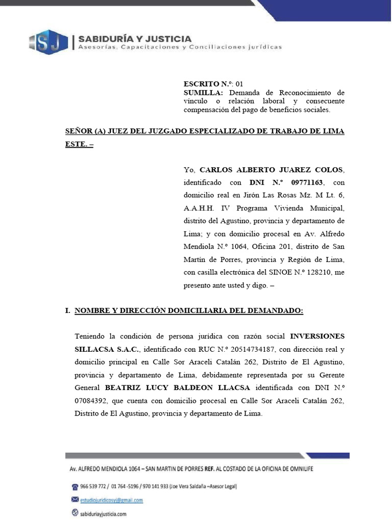 Escrito N.º 1 - Demanda Reconocimiento de Vínculo Laboral y Pago de Beneficios Sociales - Caso ...
