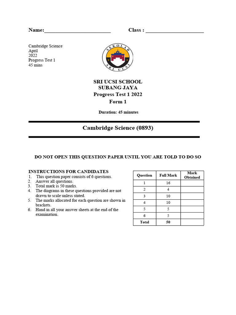 Cambridge Science Progress Test 2022 | PDF | Chemical Elements ...