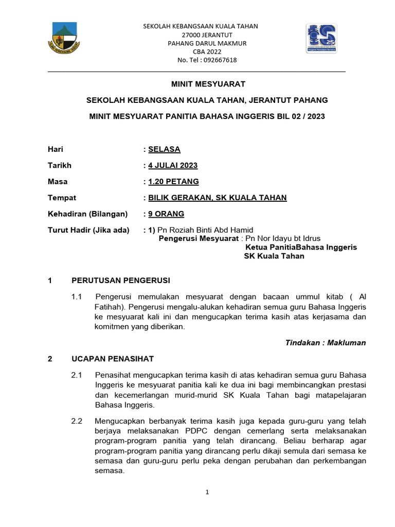 MINIT MESYUARAT PANITIA BI BIL 2 - 2023 | PDF