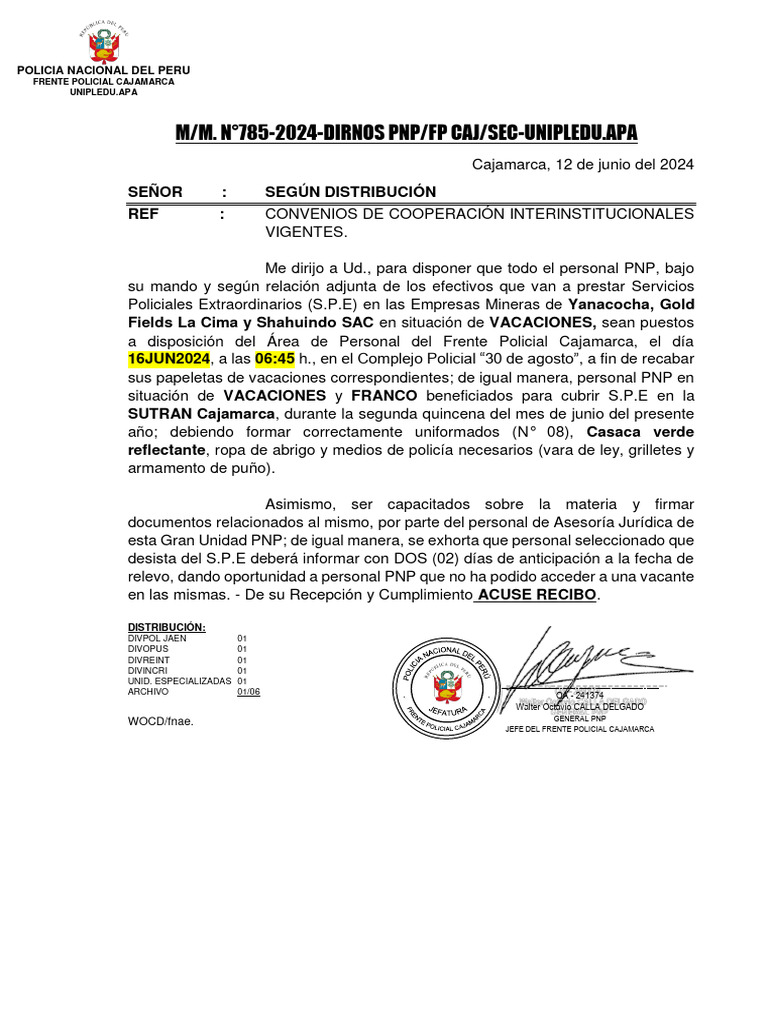 M/M. N°785-2024-Dirnos PNP/FP Caj/Sec-Unipledu - Apa: Policia Nacional ...