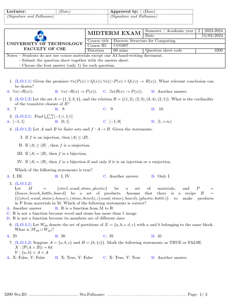 Midterm Final CTRR HK232 ENG | PDF | Function (Mathematics) | Mathematical Relations