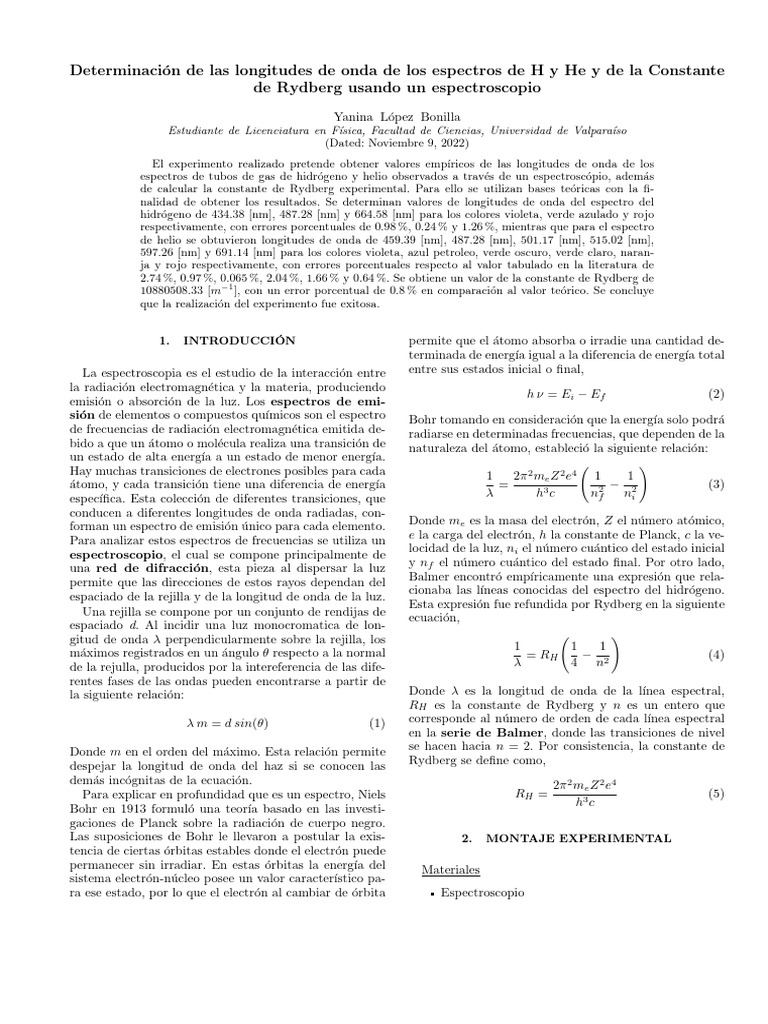 Determinaci N de Las Longitudes de Onda de Los Espectros de H y He y La Cte de Rydberg | PDF ...