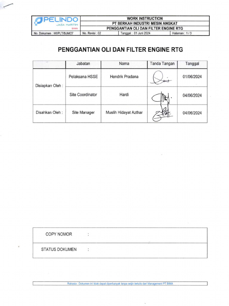 WI-PLT-BJM-27 Rev 02 Penggantian Oli Dan Filter Engine RTG | PDF