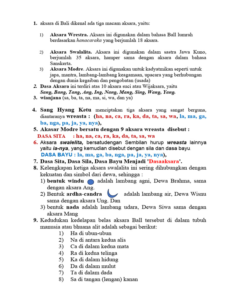 Dasa Aksara dan Dasa Bayu Bali | PDF | Seni & Disiplin Bahasa