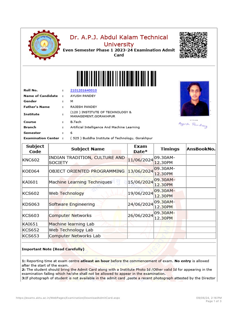 AKTU B.Tech Admit Card 2023-24 | PDF | Information Technology ...