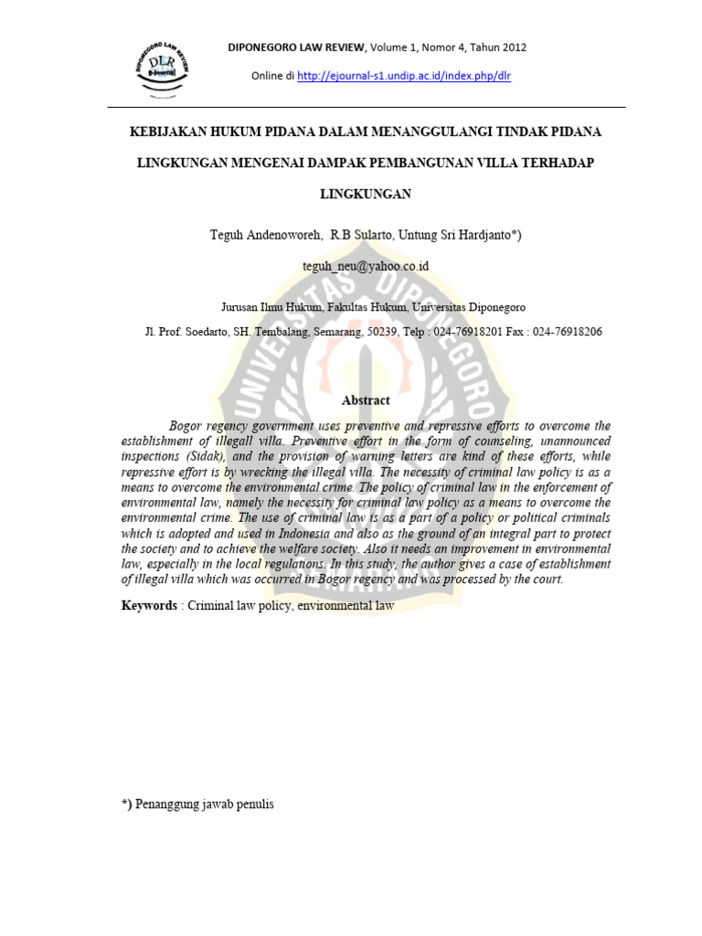 ID Kebijakan Hukum Pidana Dalam Menanggulangi Tindak Pidana Lingkungan Mengenai Dam | PDF ...