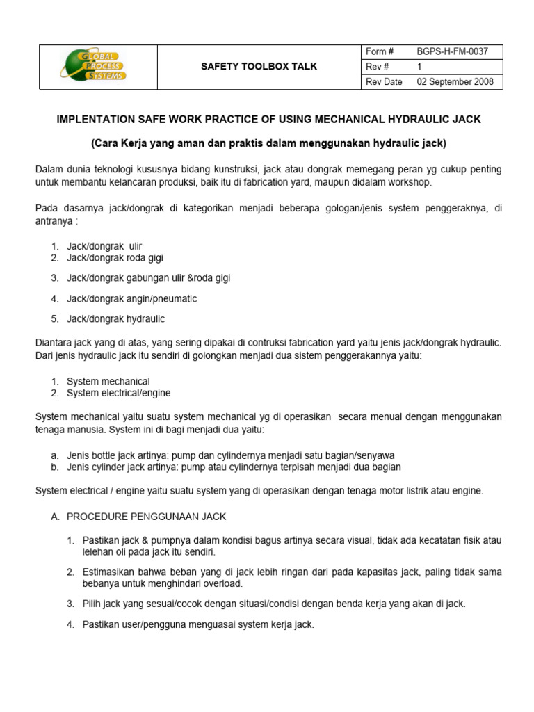 Safety Toolbox Talk Safe Work Practice of Using Mechanical Hydraulic ...
