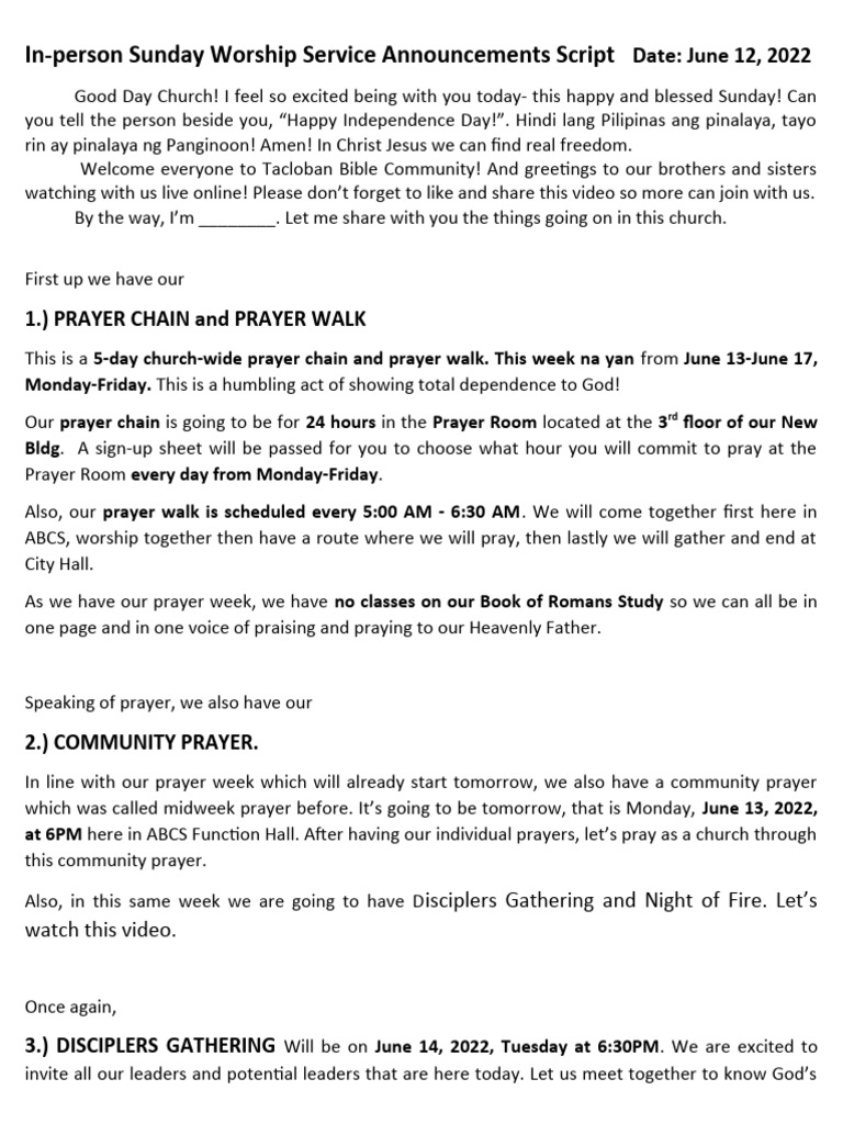 Announcement Number 3 | PDF | Prayer | The Gospel