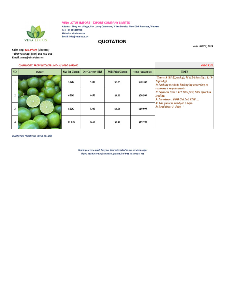 Fresh Seedless Lime Quotation of Vina Lotus May 27 To June 2 2024 | PDF