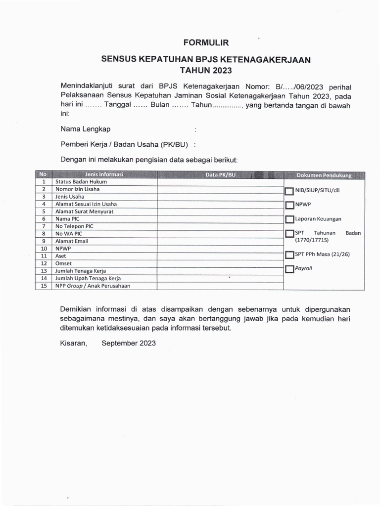 Formulir Sensus20230920 - 10164248 | PDF