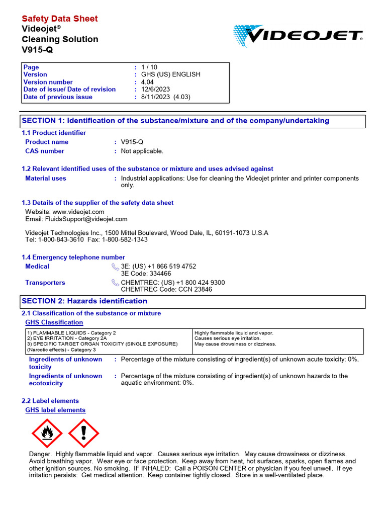 Videojet Cleaning Solution: Safety Data Sheet | PDF | Toxicity | Waste