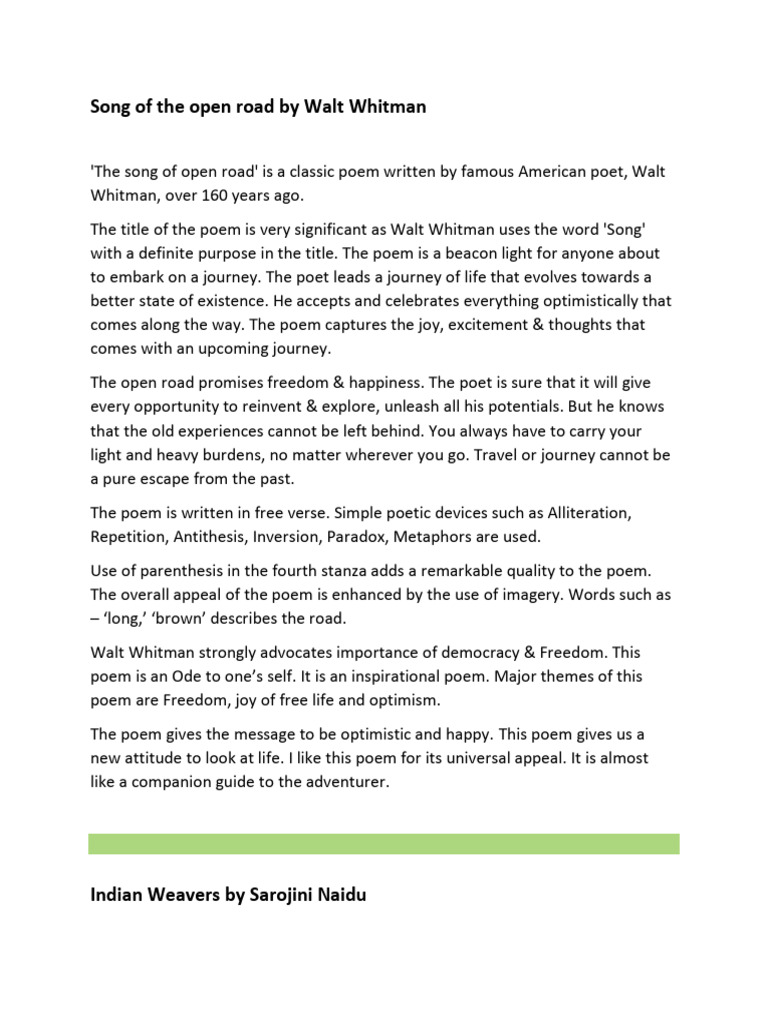 Song of The Open Road, Indian Weavers | PDF | Poetry