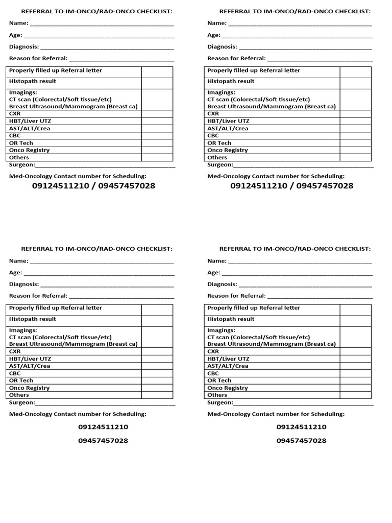 REFERRAL TO IM Onco Check List | PDF | Mammography | Liver