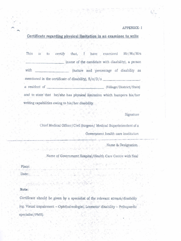 Certificate Regarding Physical Limitation An Examinee To Write | PDF
