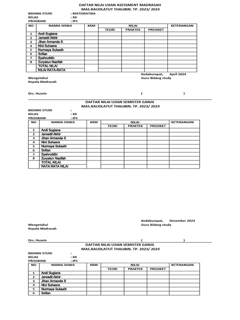 Blangko Nilai S. Gan 2023-2024 Xii | PDF