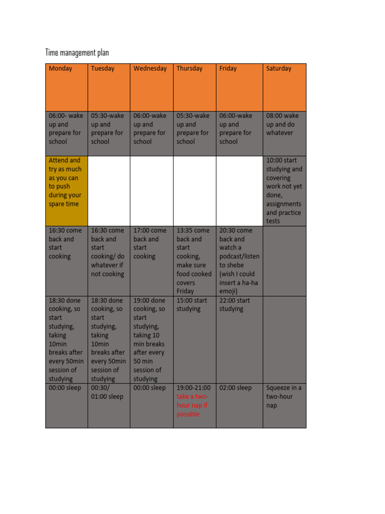 Time Management Plan | PDF | Workweek And Weekend