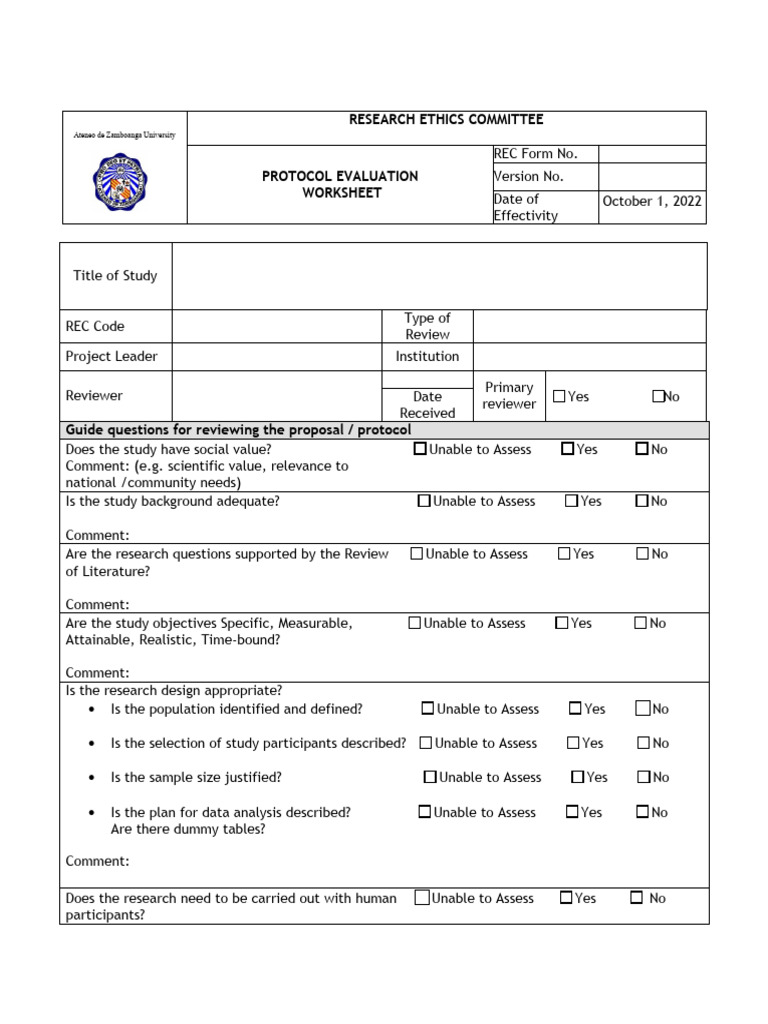 Form 011 PROTOCOL EVALUATION WORKSHEET | PDF | Evaluation | Risk