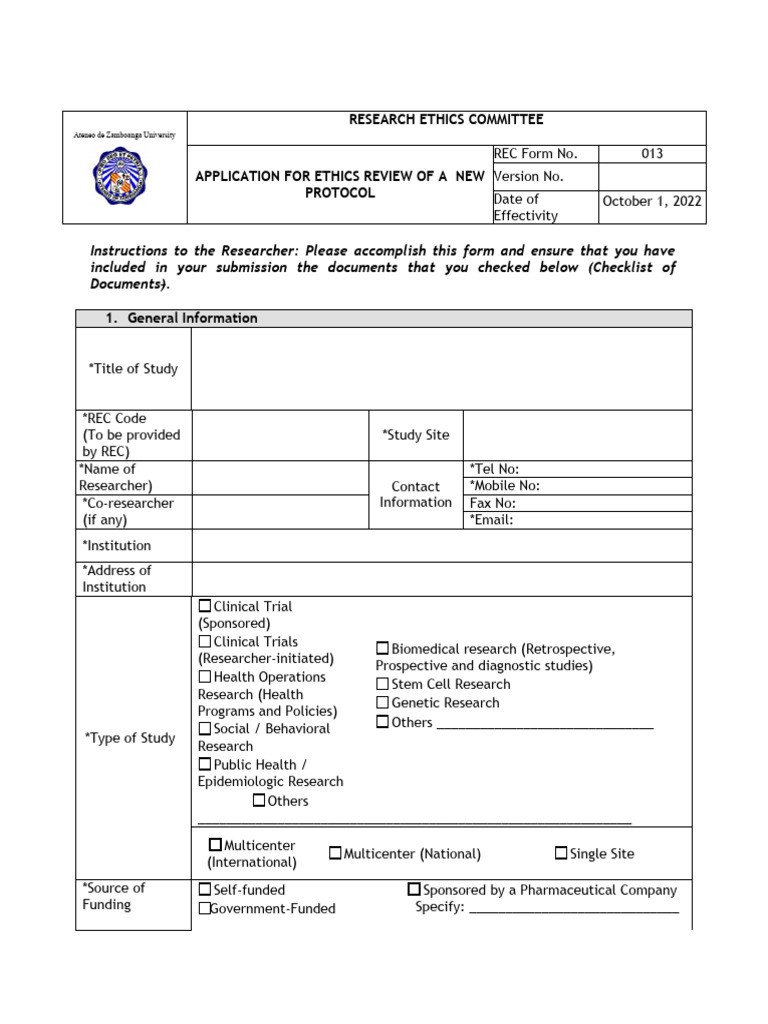 Form 013 APPLICATION FOR ETHICS REVIEW OF A NEW PROTOCOL | PDF ...