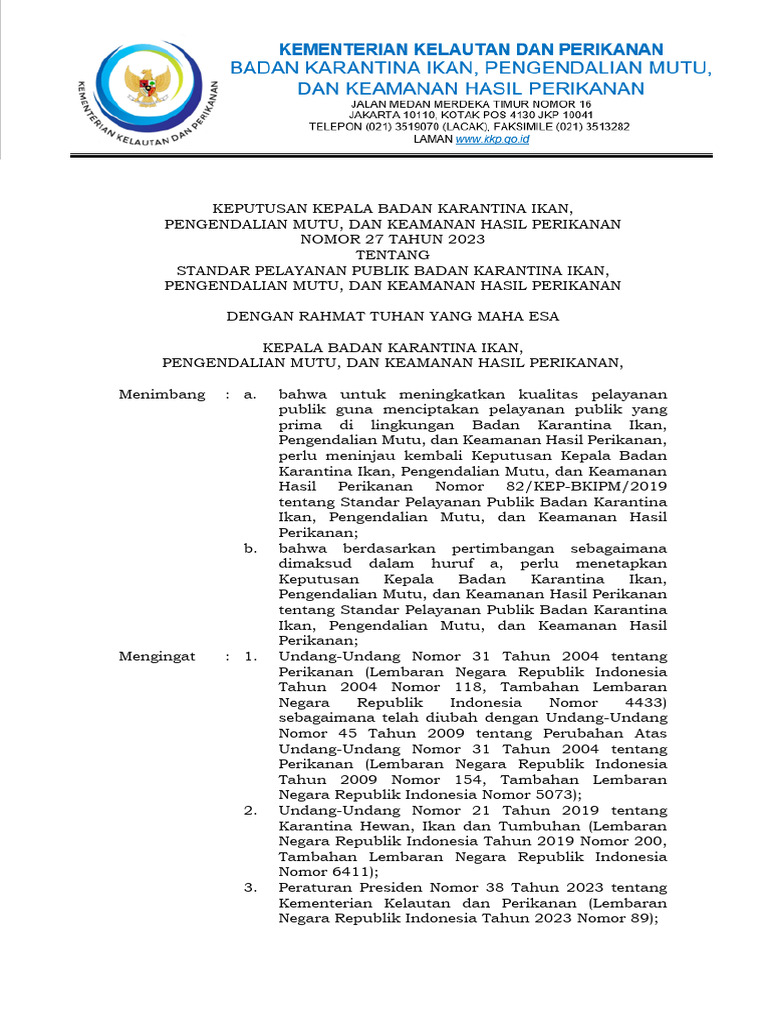 KEP BKIPM 27 Tahun 2023 Standar Pelayanan Publik BKIPM | PDF
