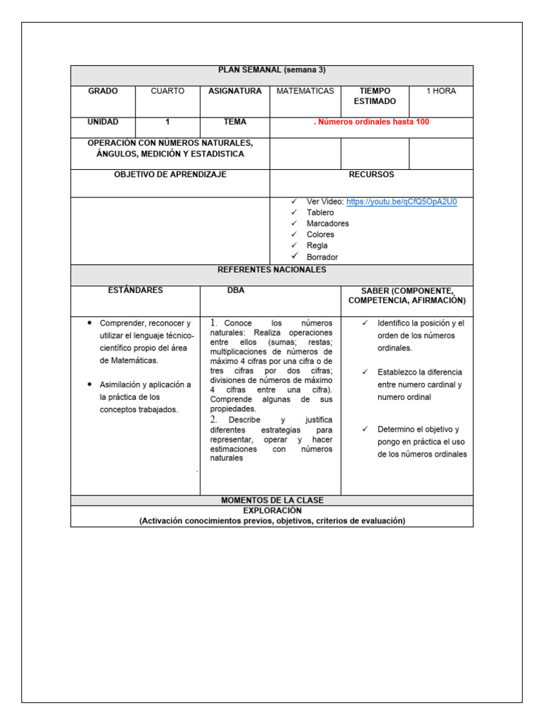 5.Plan de clase matematicas(segundo periodo) (1) | PDF | Sustracción | Multiplicación