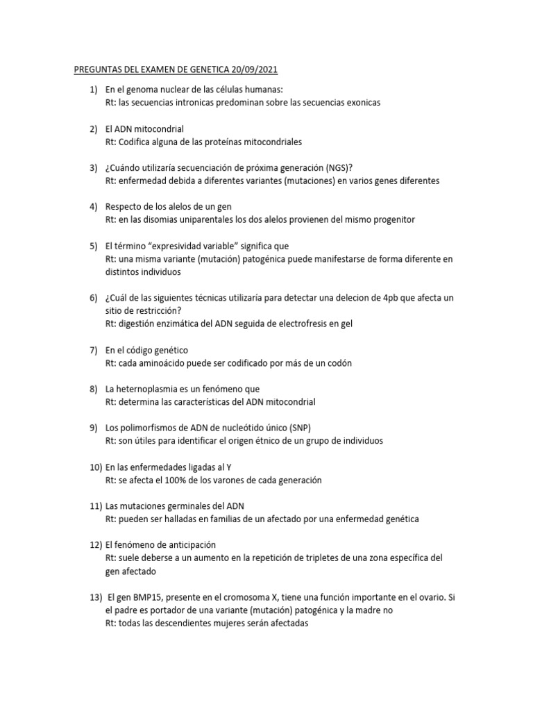 Preguntas Del Examen de Genetica 20 | PDF | Gene | Mutación