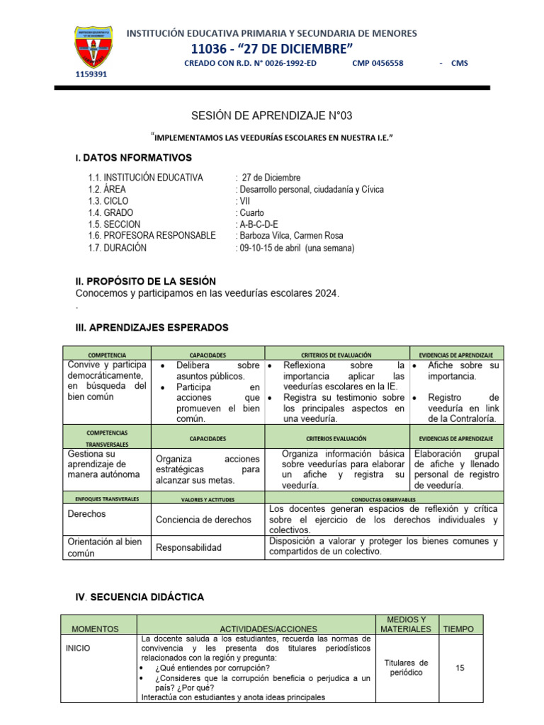 Sesión 03 DPCC 4to 2024 Veedurias | PDF | Evaluación | Aprendizaje
