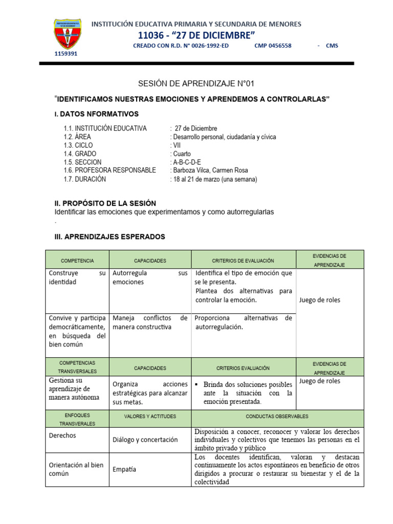 Sesión 01 Dpcc 4to 2024 Emociones | PDF | Las emociones | Aprendizaje