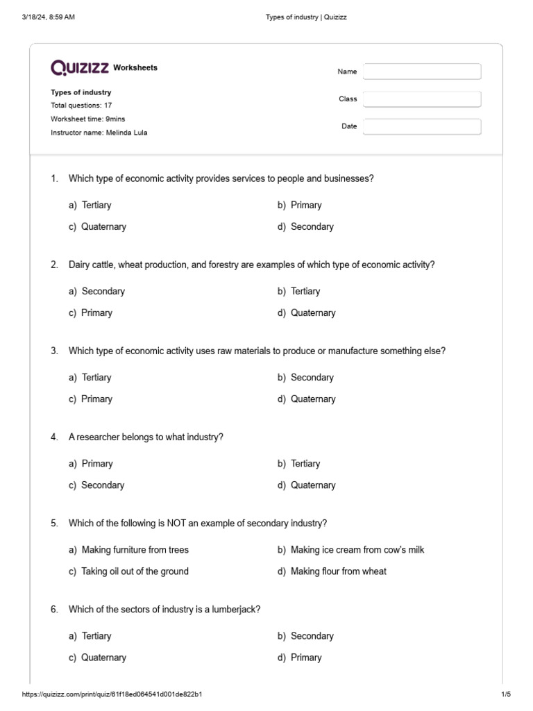 Types of industry _ Quizizz | PDF | Tertiary Sector Of The Economy ...