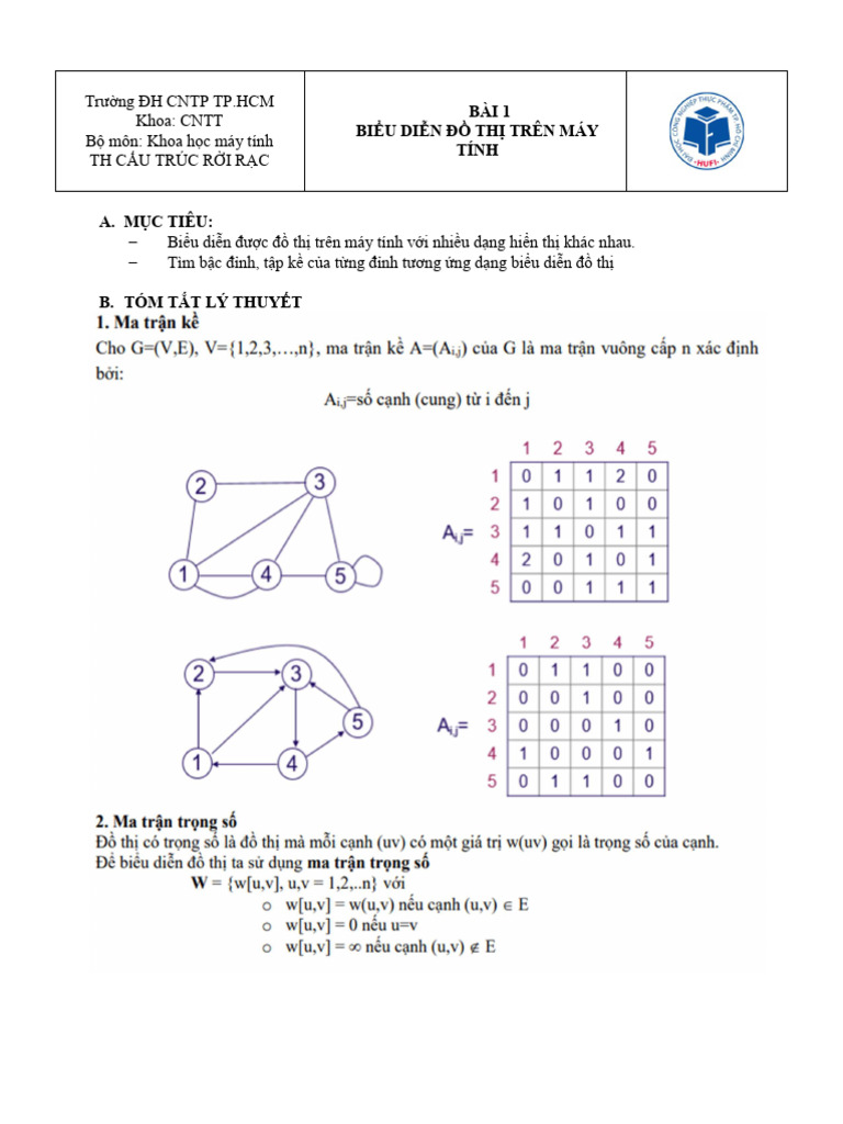 (Giáo Trình) BTH1 - Biểu Diễn Đồ Thị Trên Máy Tính | PDF