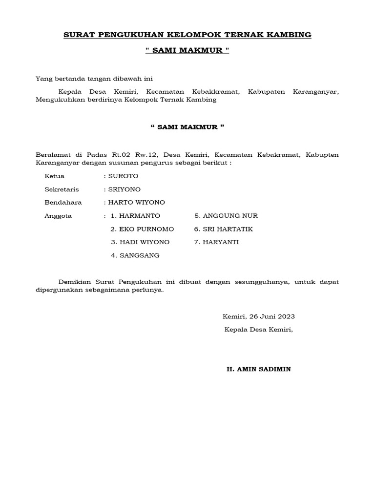 Surat Pengukuhan Kelompok Ternak Kambing | PDF Surat Pengukuhan Kelompok Ternak Kambing | PDF