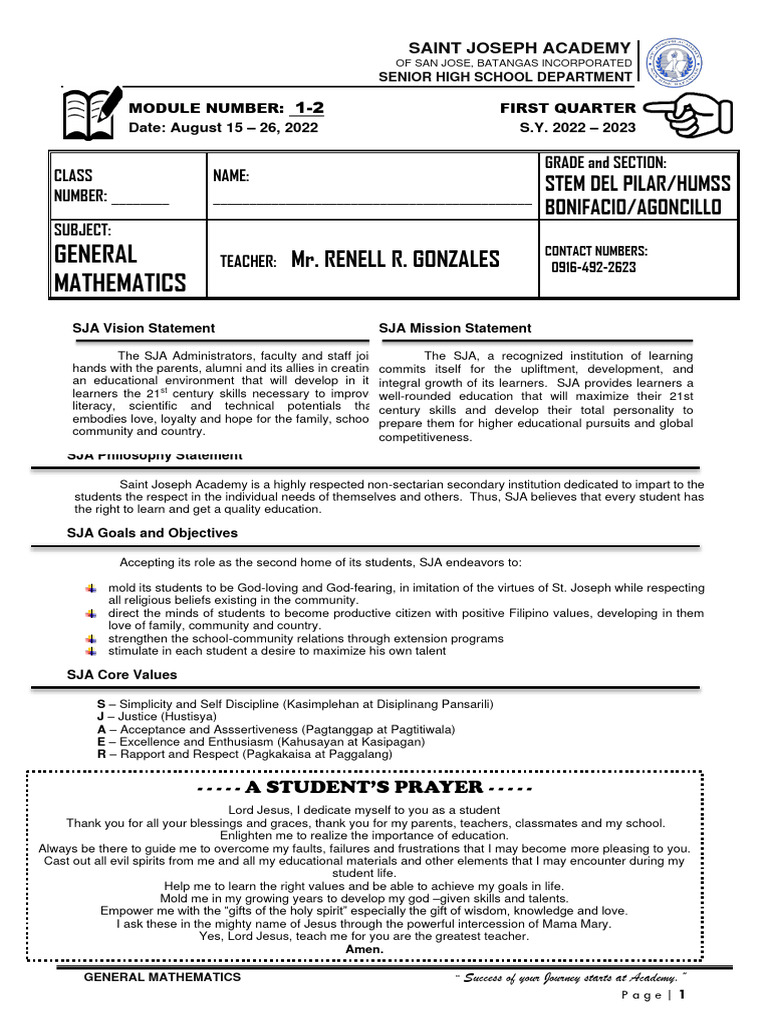 1st Qtr Module No 1 2 Gen Math 2023 Pdf Function Mathematics