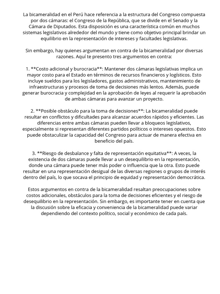 La Bicameralidad en El Perú Hace Referencia A La Estructura Del Congreso Compuesta Por Dos ...
