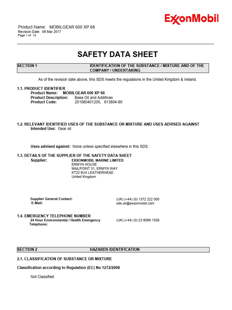 Mobilgear 600 XP 68 Msds | PDF | Safety