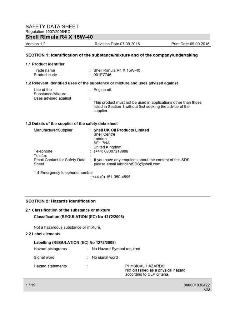 Shell Rimula R4 X 15W-40 SDS Guide | PDF | Toxicity | Dangerous Goods