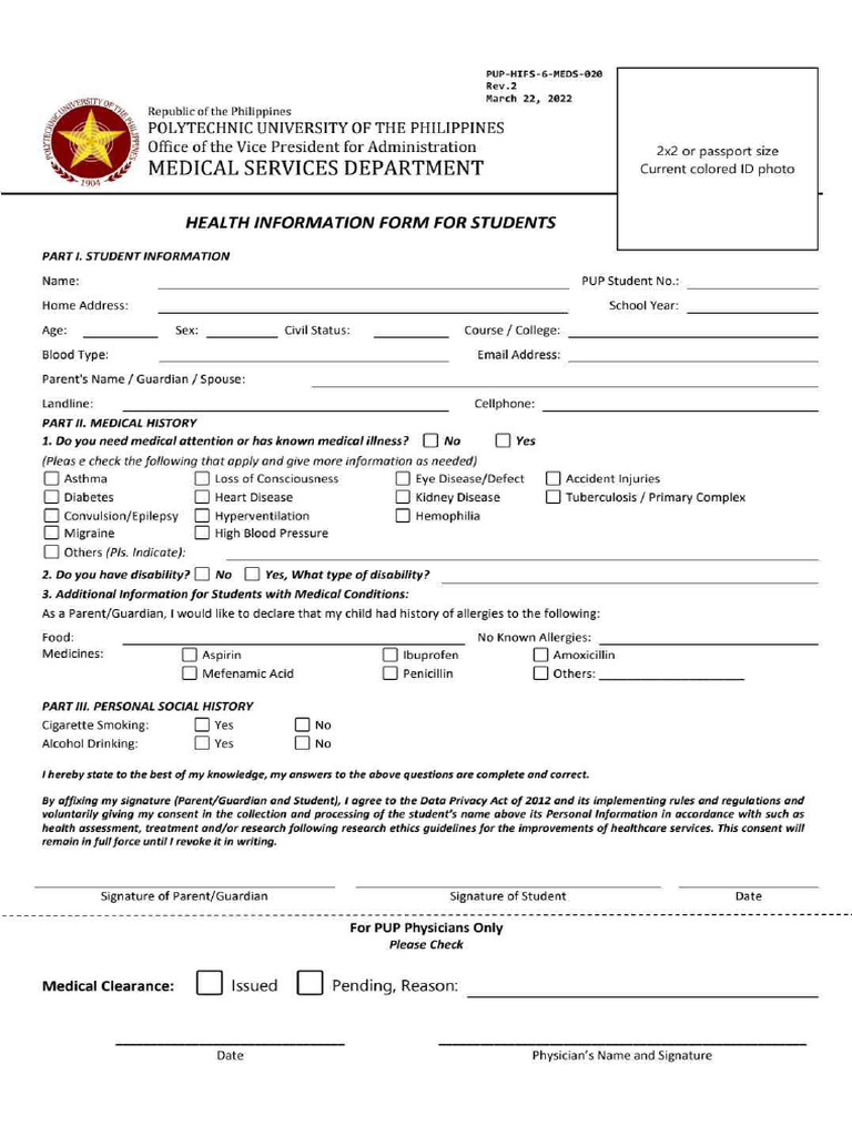 Health Information Form For Students | PDF