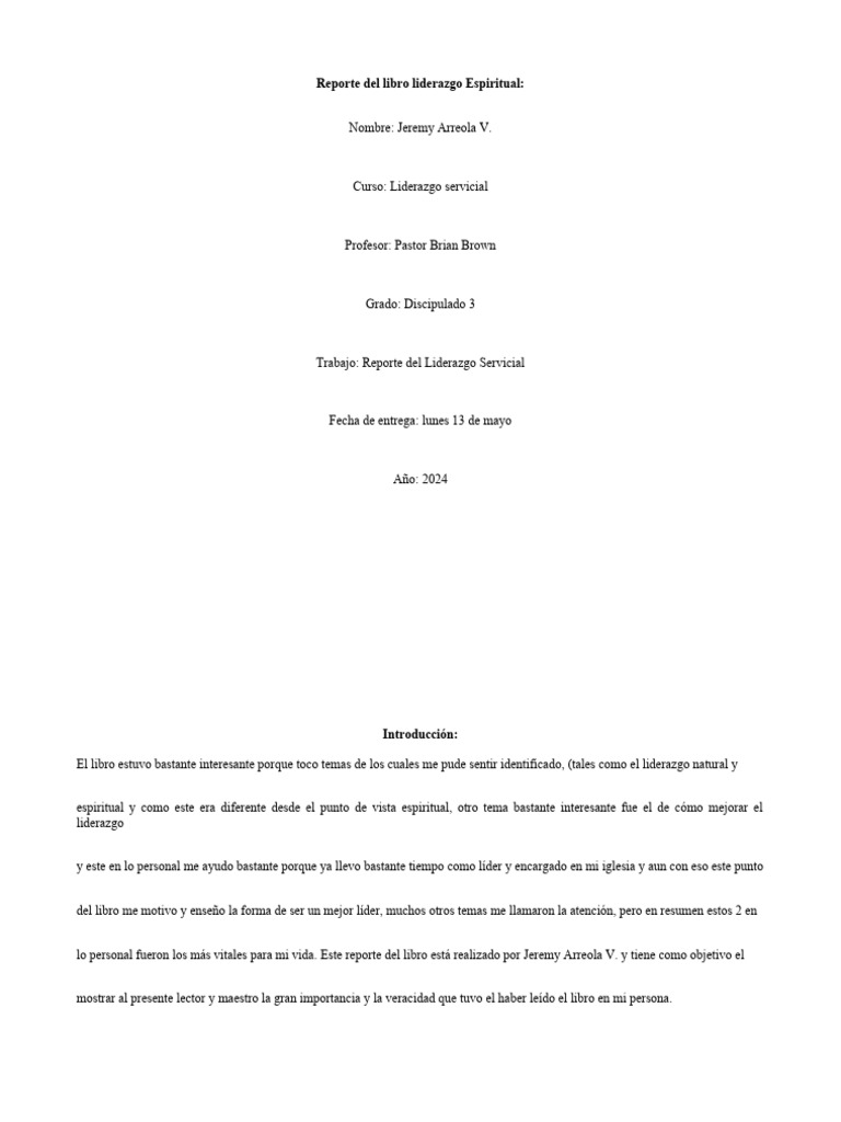 Reporte Del Libro Liderazgo Servicial | PDF | Liderazgo | Oración