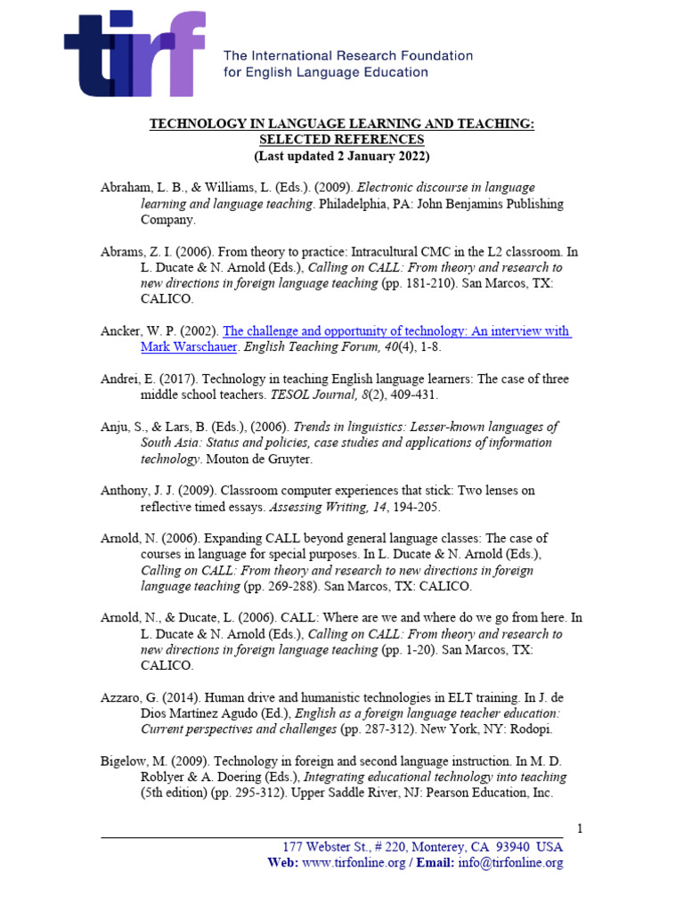TechnologyInLanguageLearningAndTeaching SelectedReferences 2january2022 | PDF | Educational ...