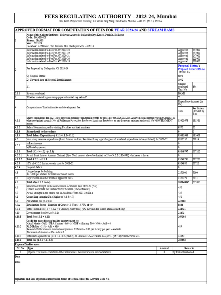 BAMS Fee Structure 2023-24 Mumbai | PDF | Expense
