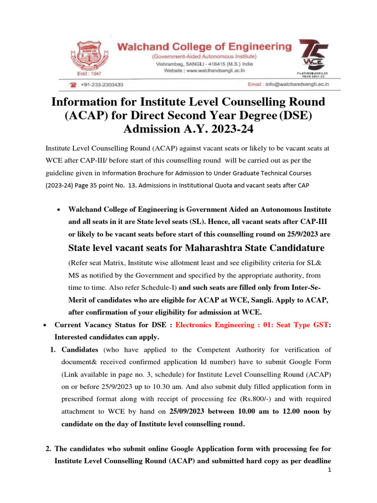 New - DSE Institute Level Counseling Round (ACAP) 2022-23 - FINAL - 20 Sept 23 | PDF