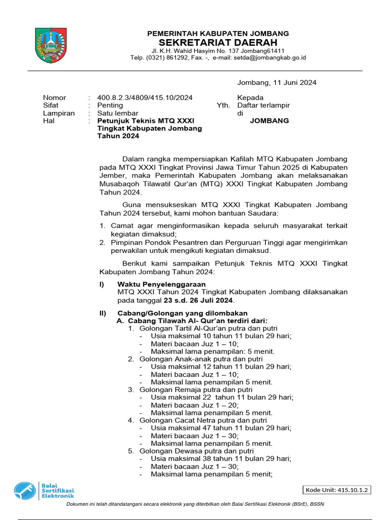 Petunjuk Teknis MTQ Jombang 2024 | PDF