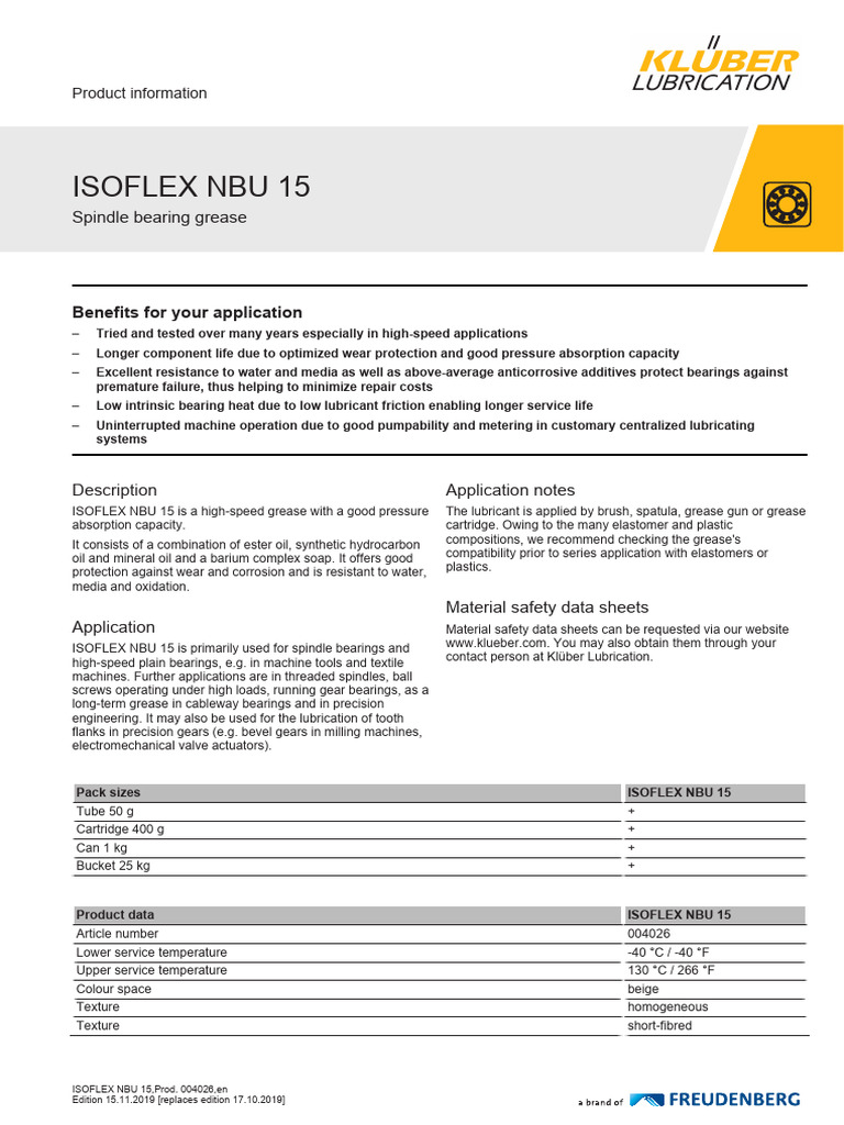 ISOFLEX NBU 15 004026 PI EN en | PDF | Bearing (Mechanical) | Lubricant