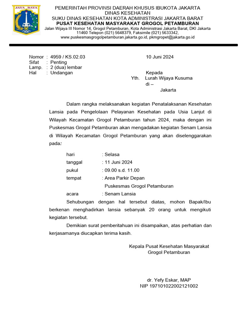 Surat Undangan Senam Lansia Juni 2024 | PDF