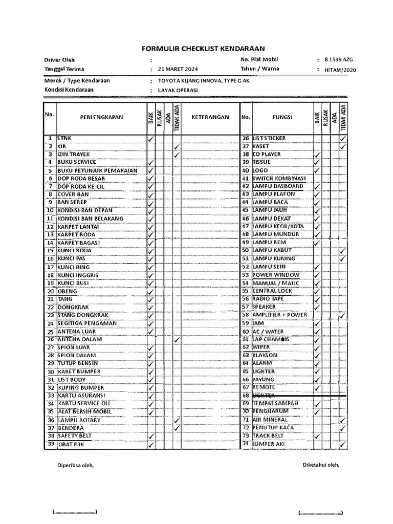 Formulir Checklist Kendaraan (B 1539 AZG) | PDF