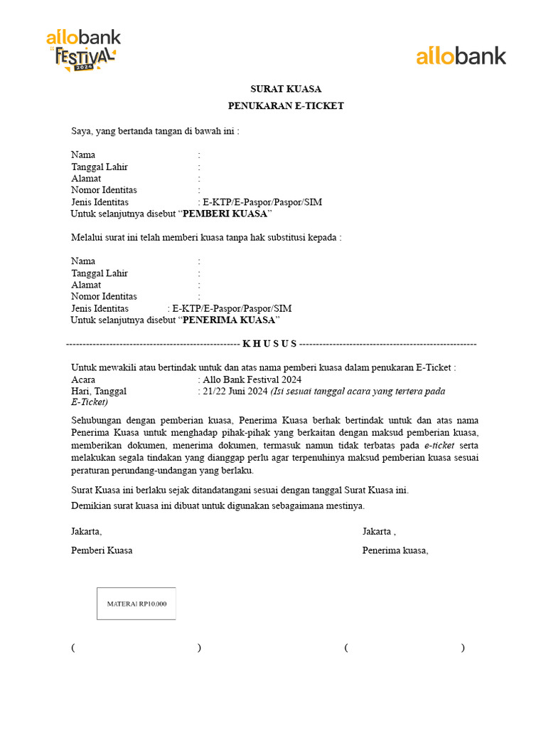 Template Surat Kuasa Allo Bank Festival 2024 | PDF