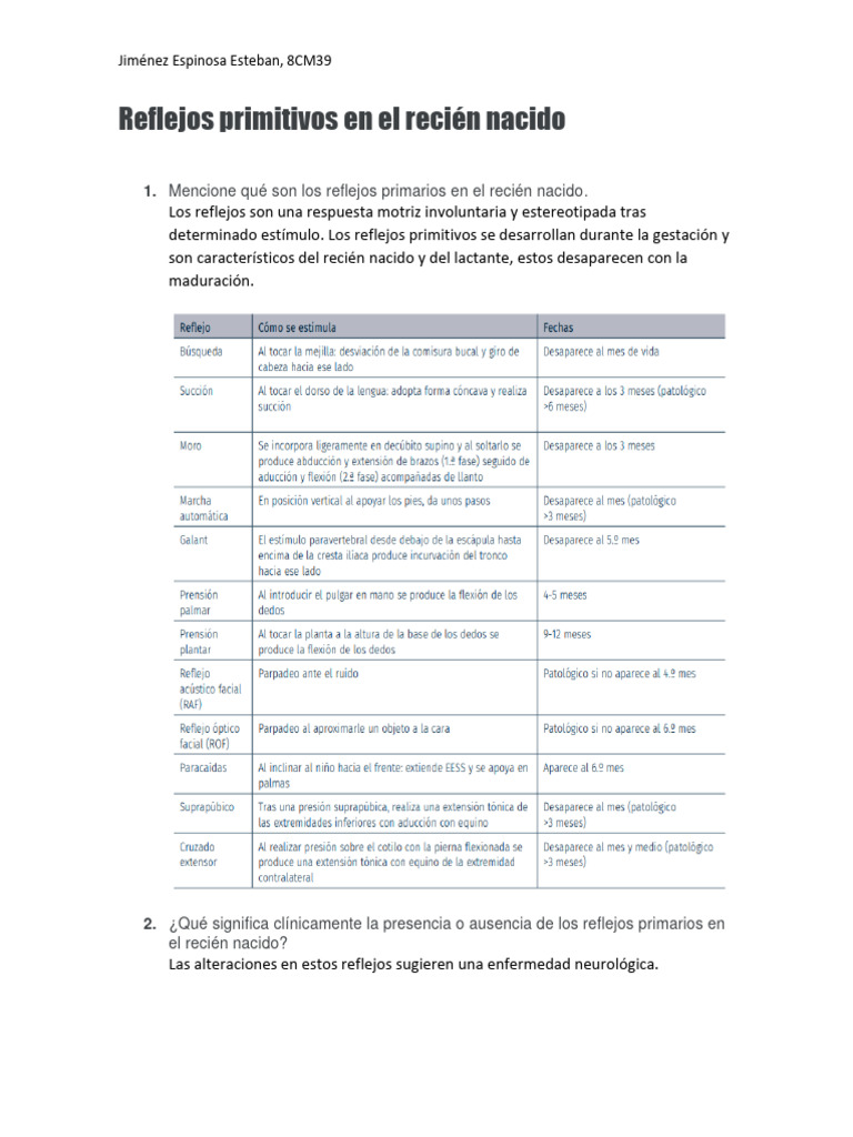 Reflejos primitivos en el recién nacido | PDF