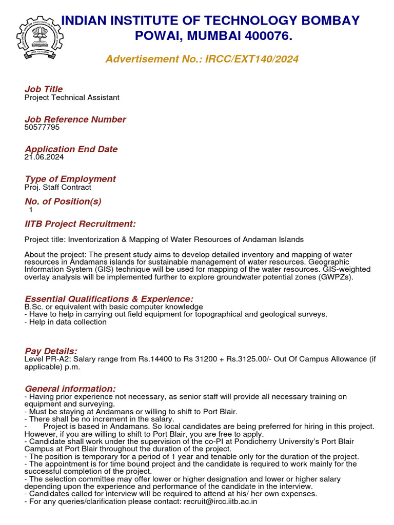 IIT Bombay Project Technical Assistant Job | PDF
