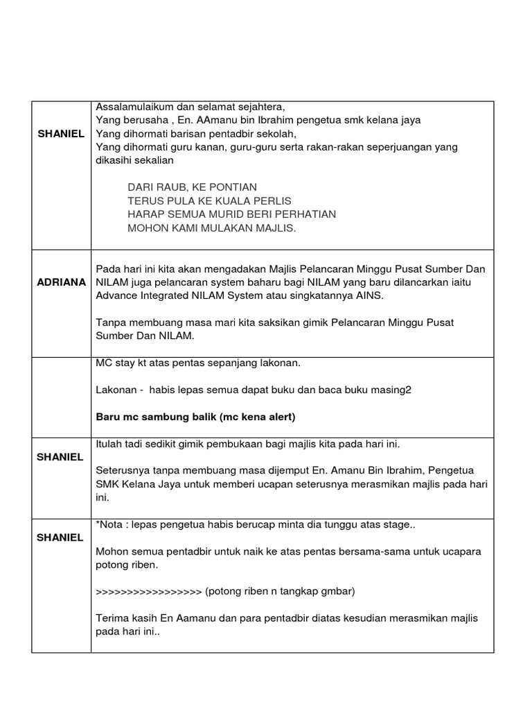 Skrip MC Majlis Pelancaran Nilam 2024 | PDF