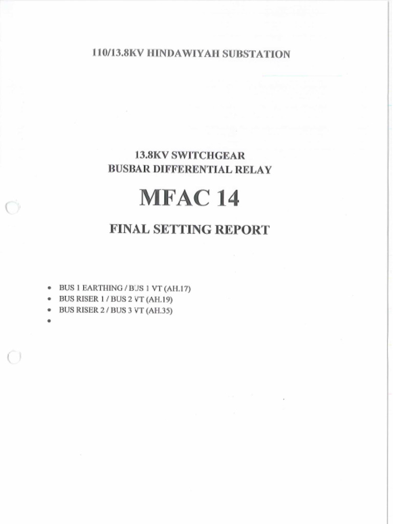 13.8kv SWGR Busbar Diffrntl Relay Mfac-14 Final Setting Report | PDF