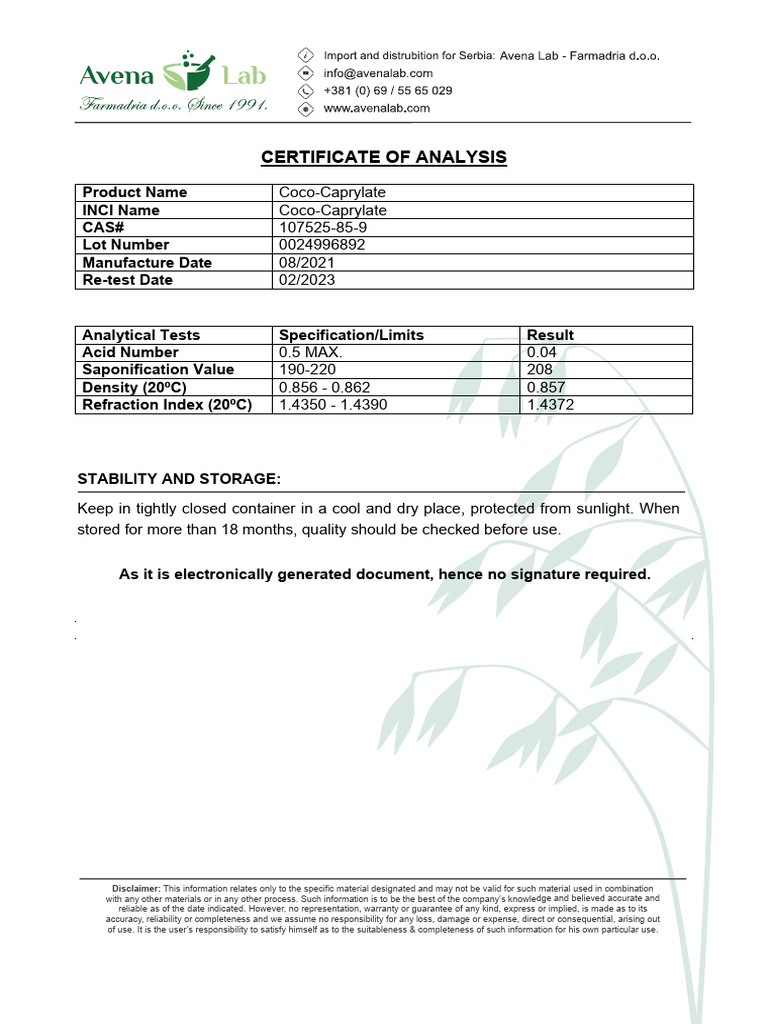 COA Coco Caprylate - 02 2023 | PDF