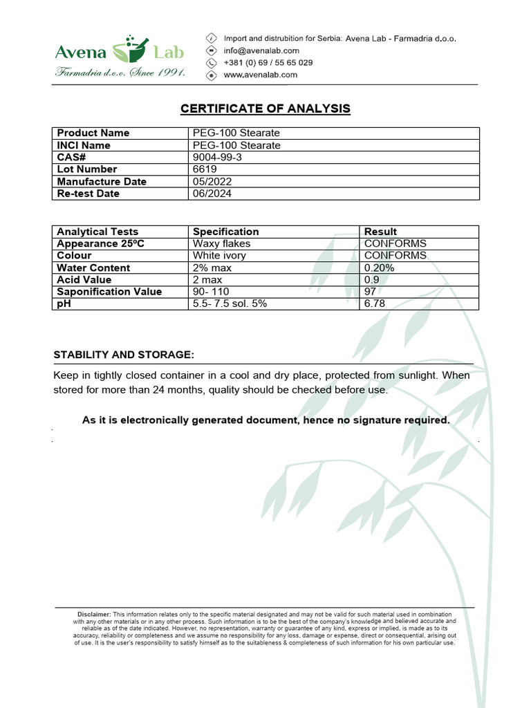 PEG-100 Stearate Certificate of Analysis | PDF